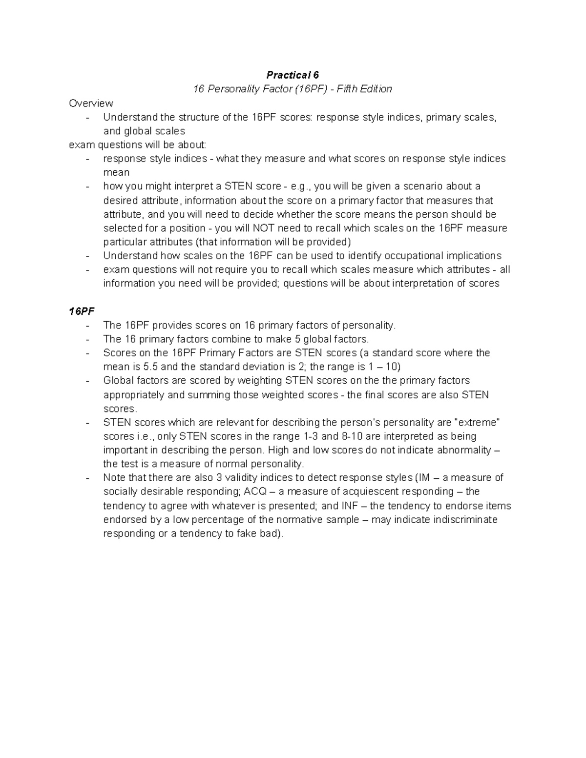 PSYU3332 PRAC 6 - Practical 6 16 Personality Factor (16PF) - Fifth ...