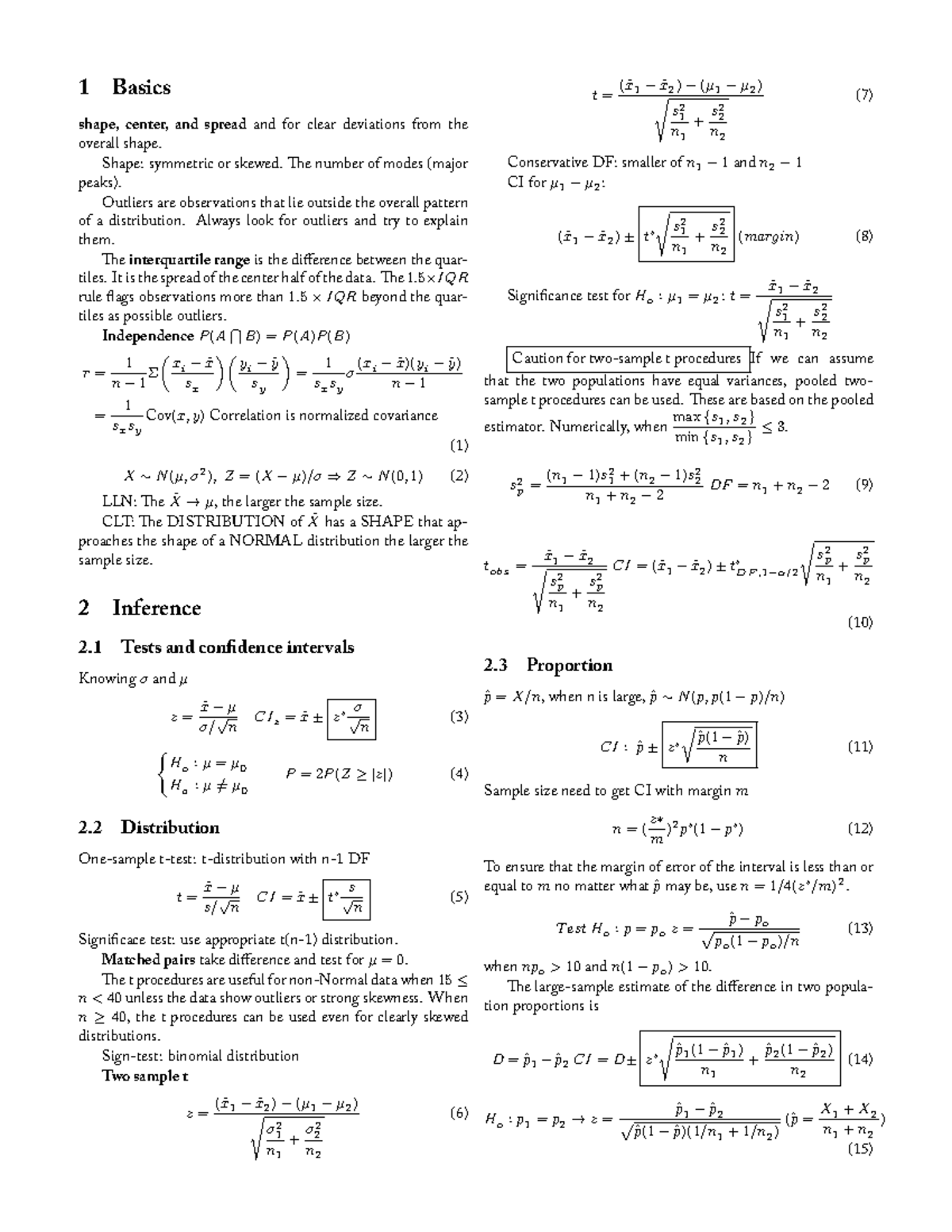 cheatsheet stat 234 1 - 1 Basics shape, center, and spread and for ...