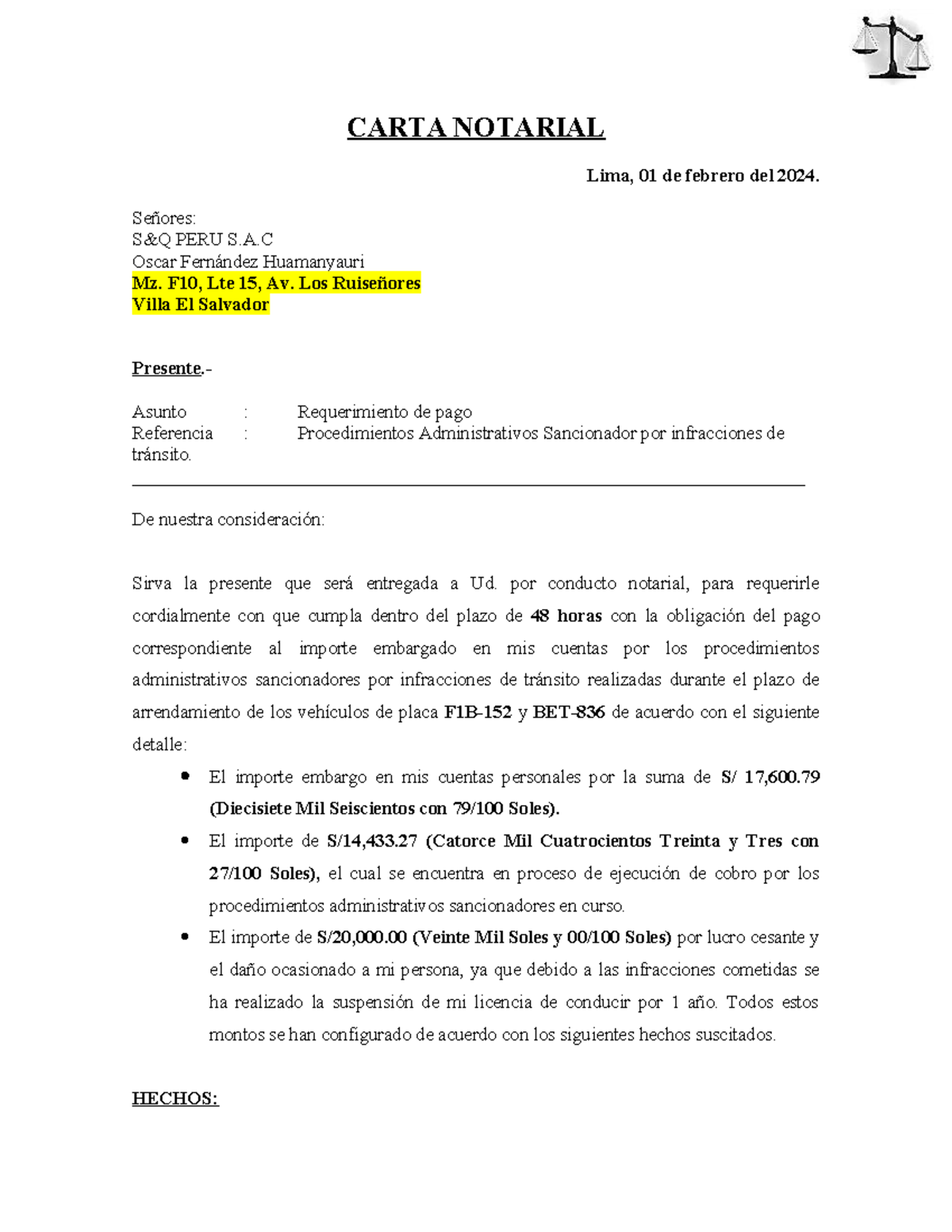 Carta-notarial requerimiento de pago - CARTA NOTARIAL Lima, 01 de ...