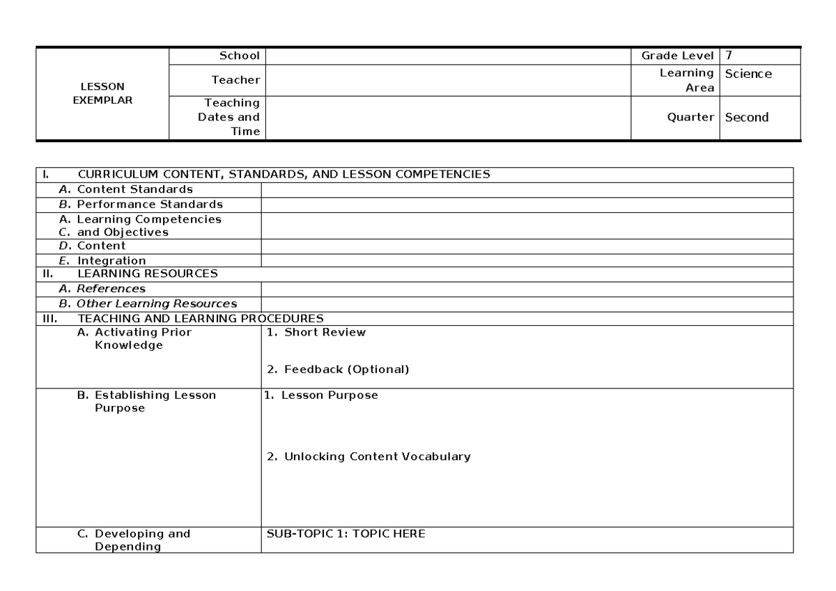 LE- Matatag- Format - LESSON EXEMPLAR School Grade Level 7 Teacher ...
