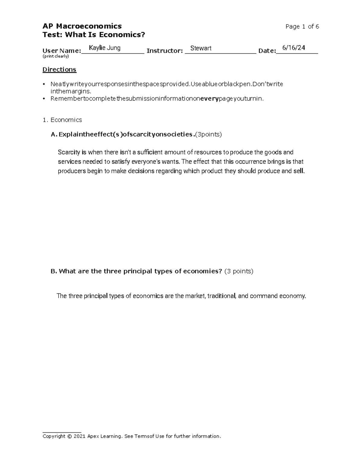 What Is Economics? Test - APEX MACRO Unit 1 TST - _____________ Test ...
