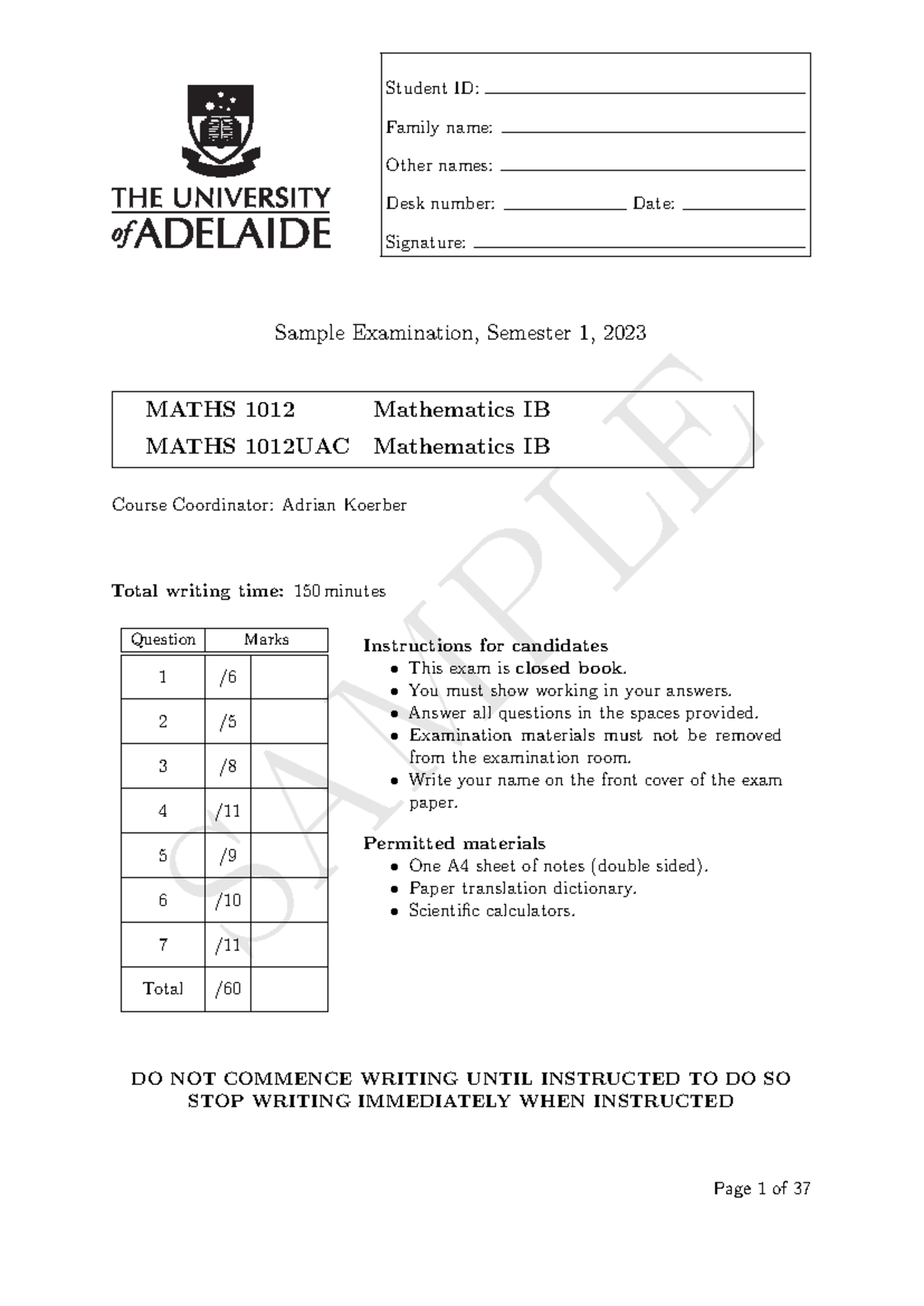 Maths IB Sample Solutions - SAMPLE Student ID: Family name: Other names ...