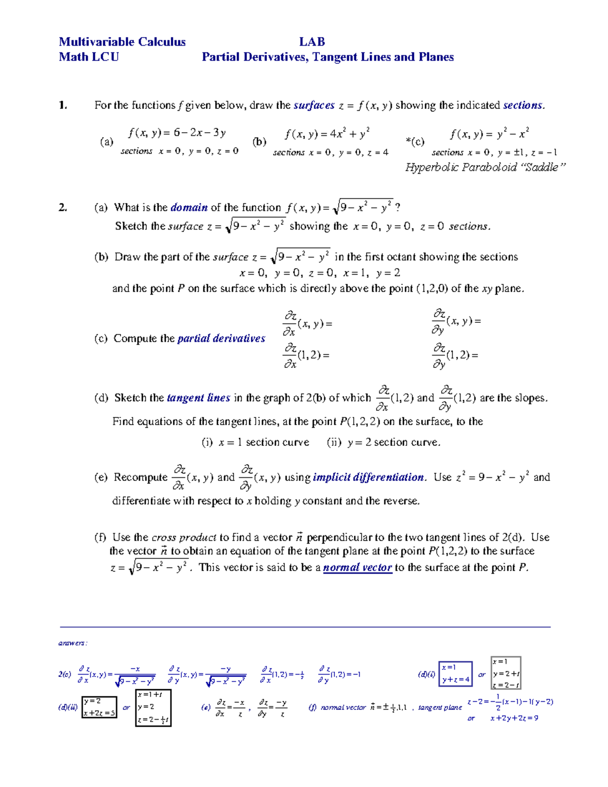 LCU A20-Lab 8 Surfaces Partials Tangent Planes v3 - Multivariable Calculus LAB Math LCU Partial ...
