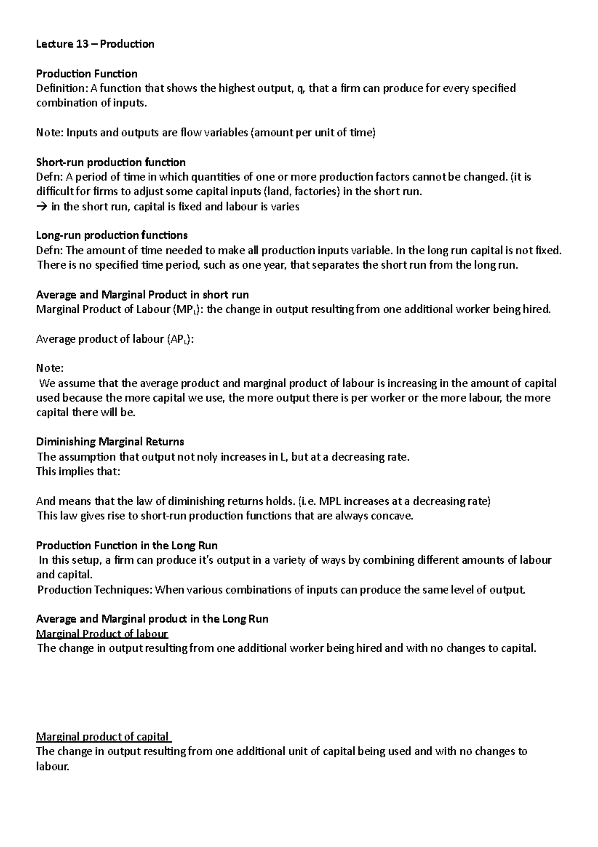 Lecture 13 - notes - Lecture 13 – Production Production Function ...