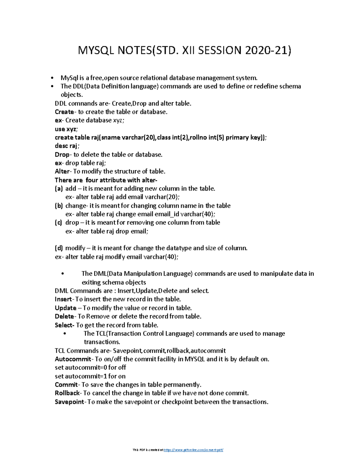 Mysql notes 12th - asf - MYSQL NOTES(STD. XII SESSION 2020-21) • MySql ...