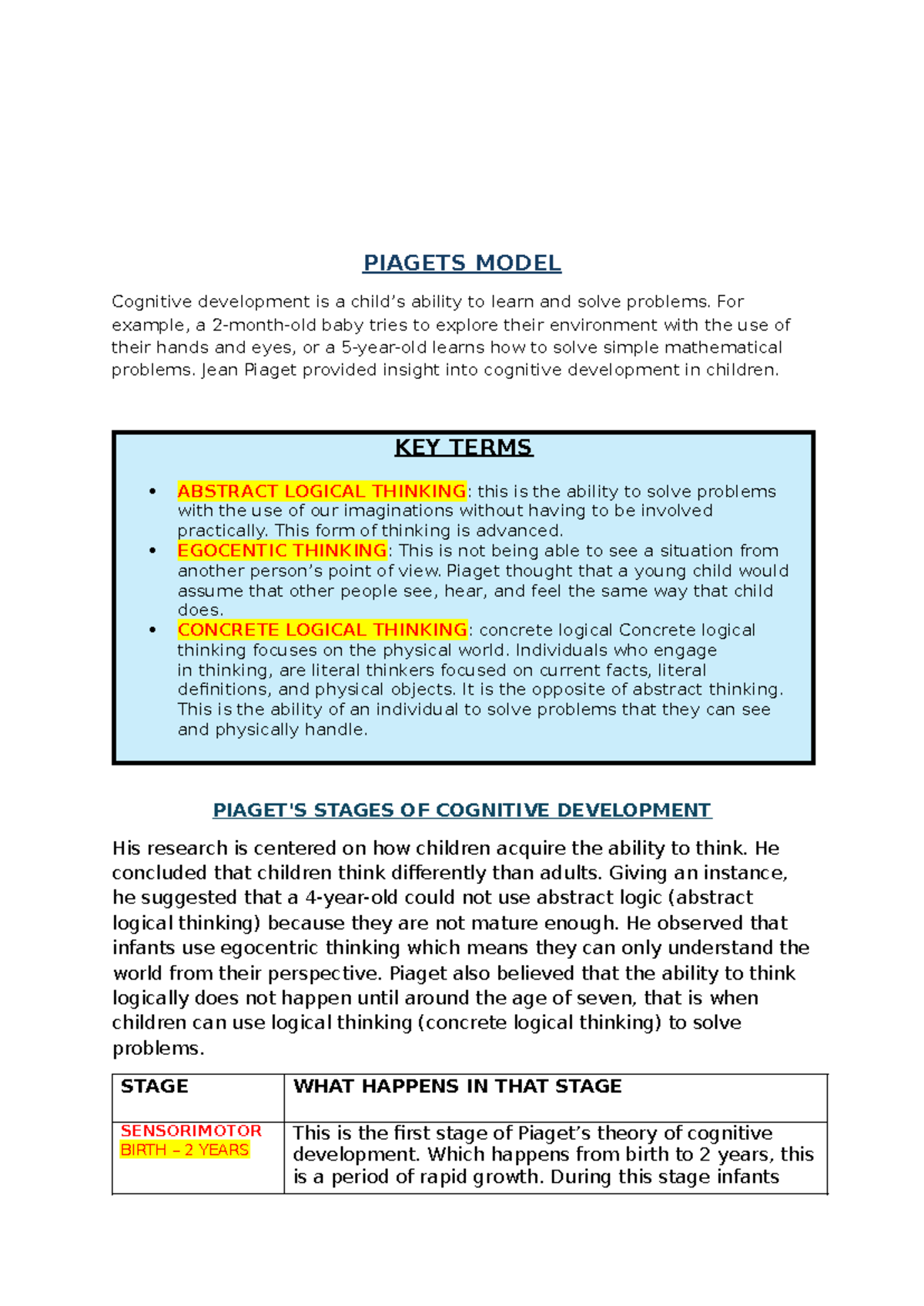 Paiget’s model - n/a - PIAGETS MODEL Cognitive development is a child’s ...