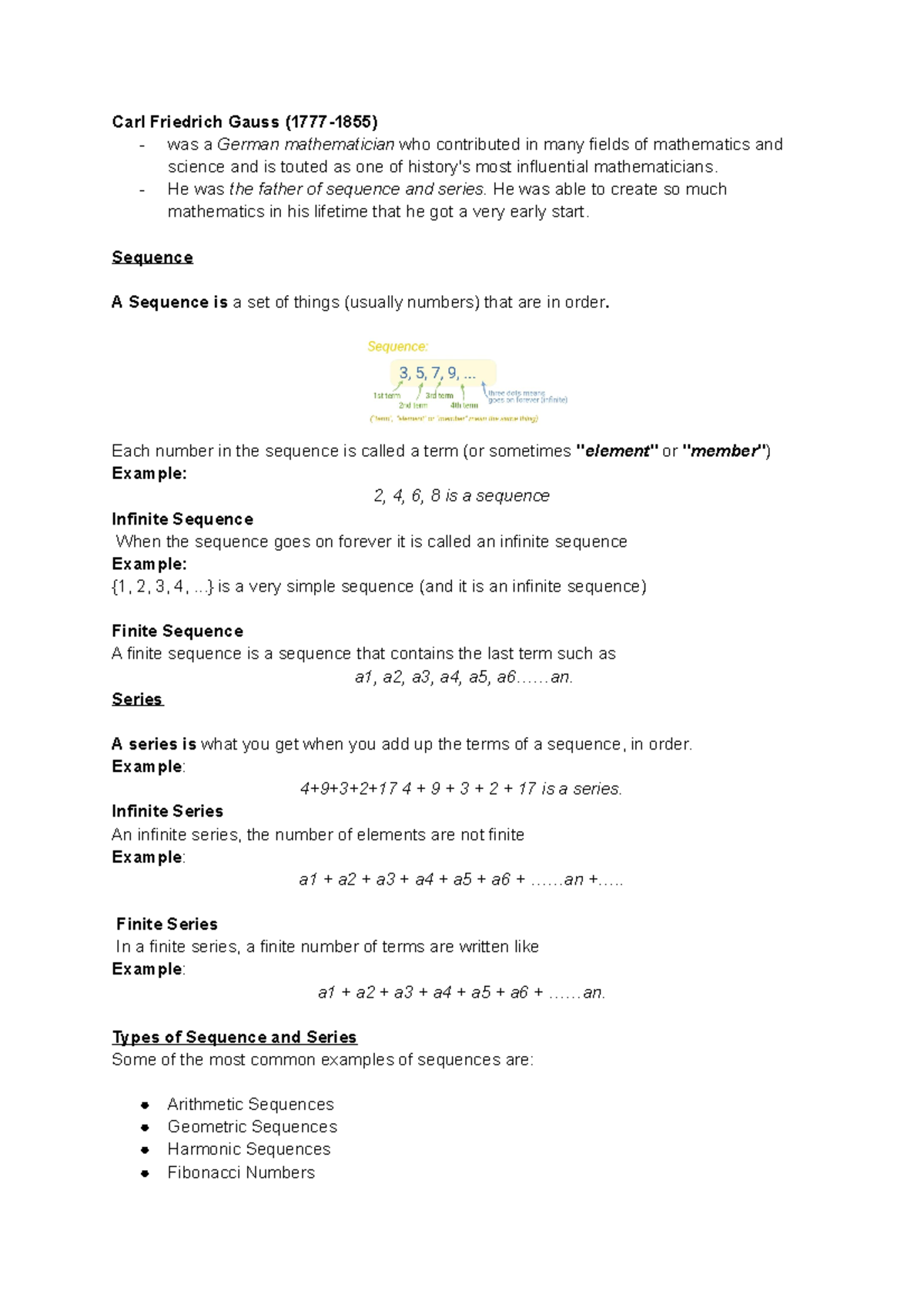 Arithmetic Sequences and Series - Carl Friedrich Gauss (1777-1855 ...