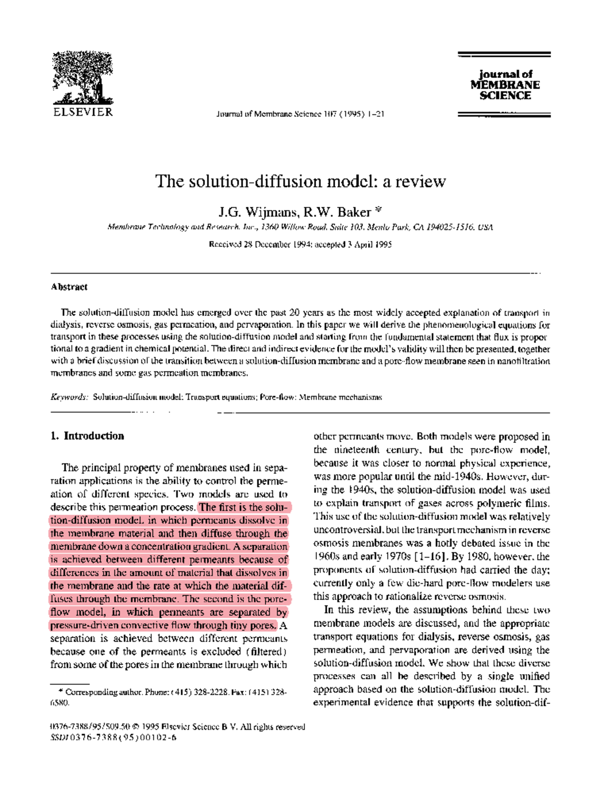The solution-diffusion model - E L S E V I E R Journal of Membrane ...