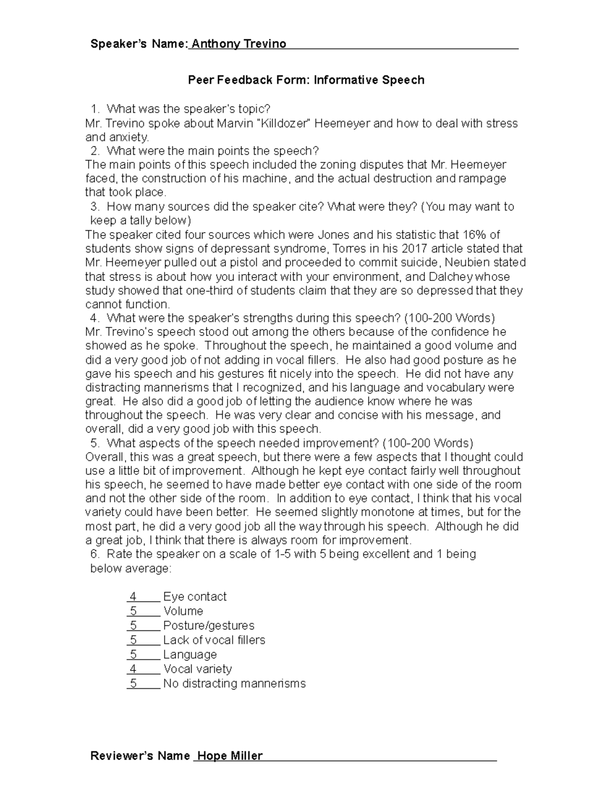 Informative Speech Peer Feedback - Speaker’s Name: Anthony Trevino Peer ...