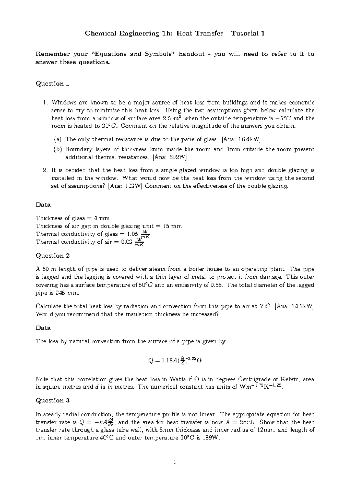 Tutorial 1 - Chemical Engineering 1h: Heat Transfer - Tutorial 1 ...
