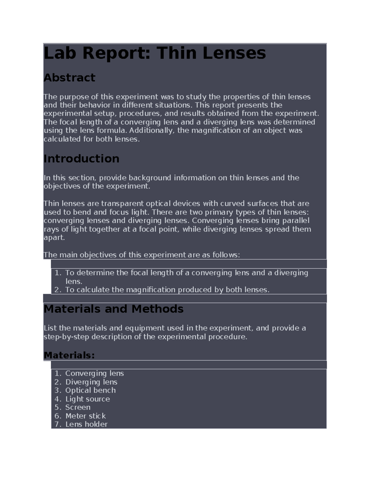 Lab Report - nche211 practical - Lab Report: Thin Lenses Abstract The purpose of this experiment ...