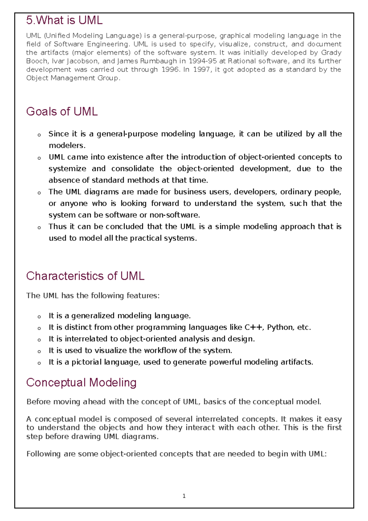 UNIT-1 OOAD - 5 is UML UML (Unified Modeling Language) is a general ...