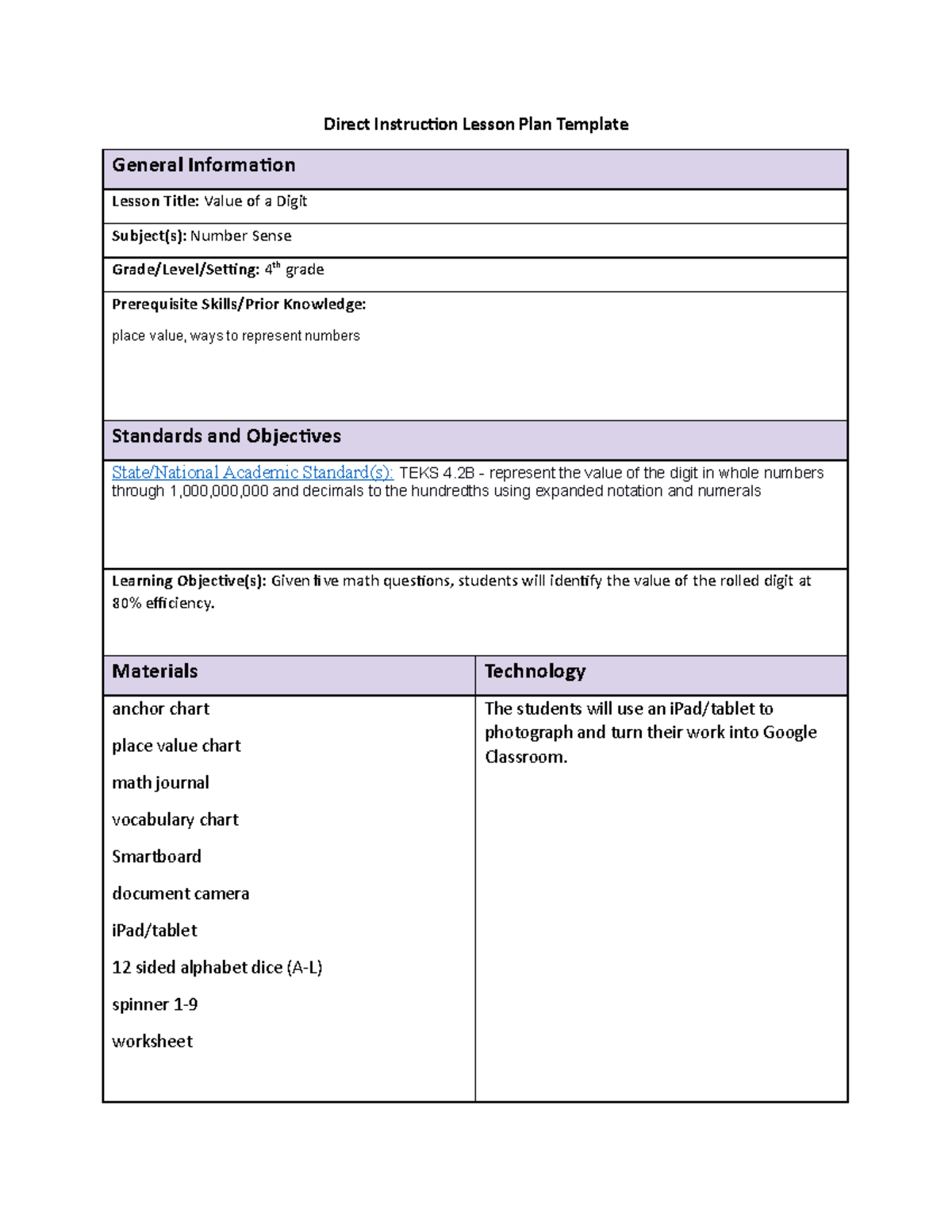 Number Sense Lesson Number Sense and Function - BNM2 - Direct ...