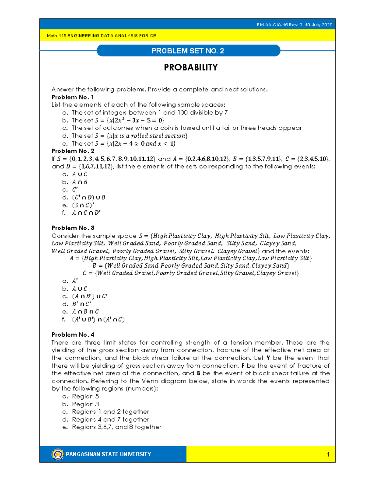 Problem SET NO. 4 - n/a - Math 115 ENGINEERING DATA ANALYSIS FOR CE ...