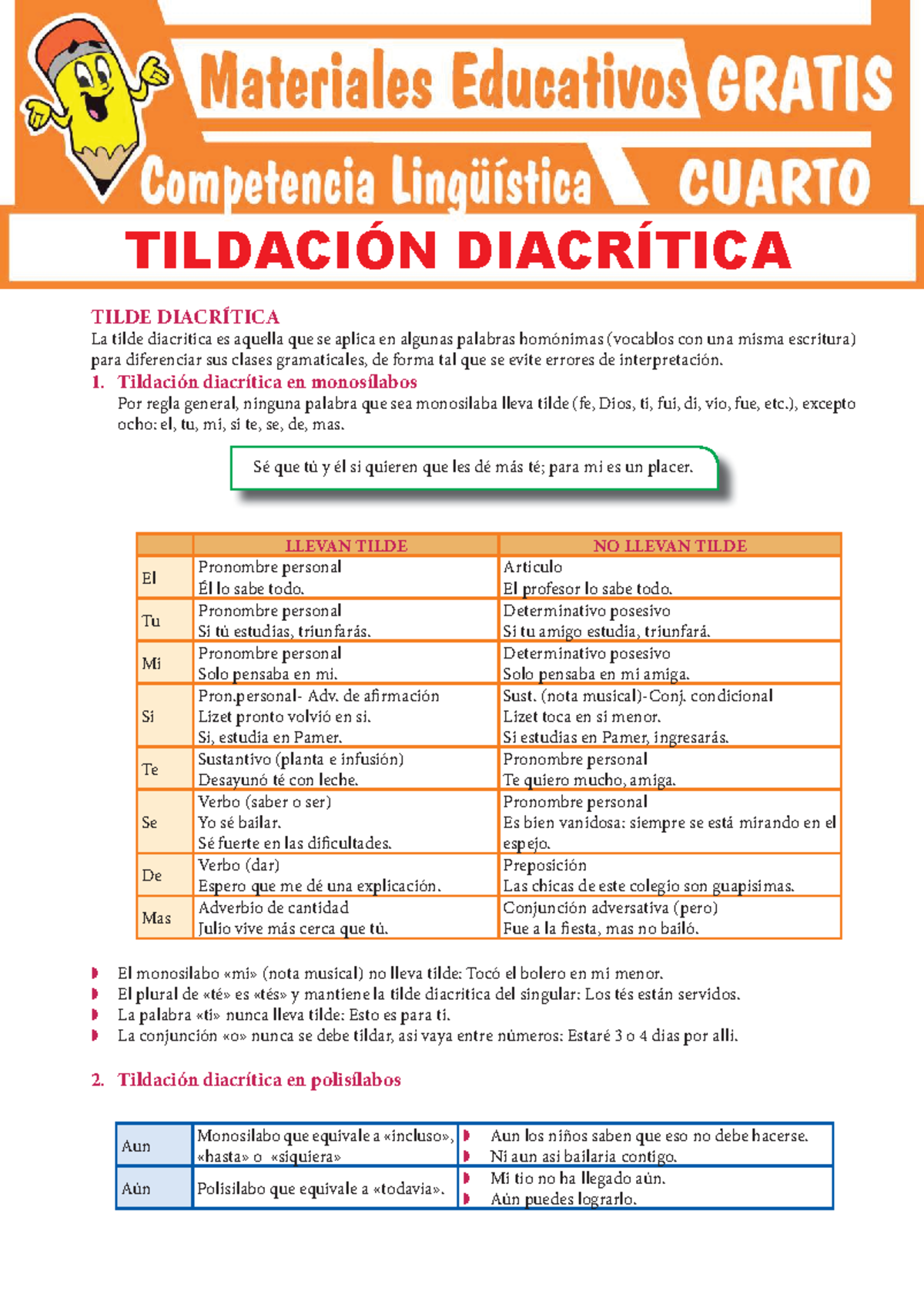 Tildación Diacrítica Para Cuarto Grado de Secundaria - TILDE DIACRÍTICA ...