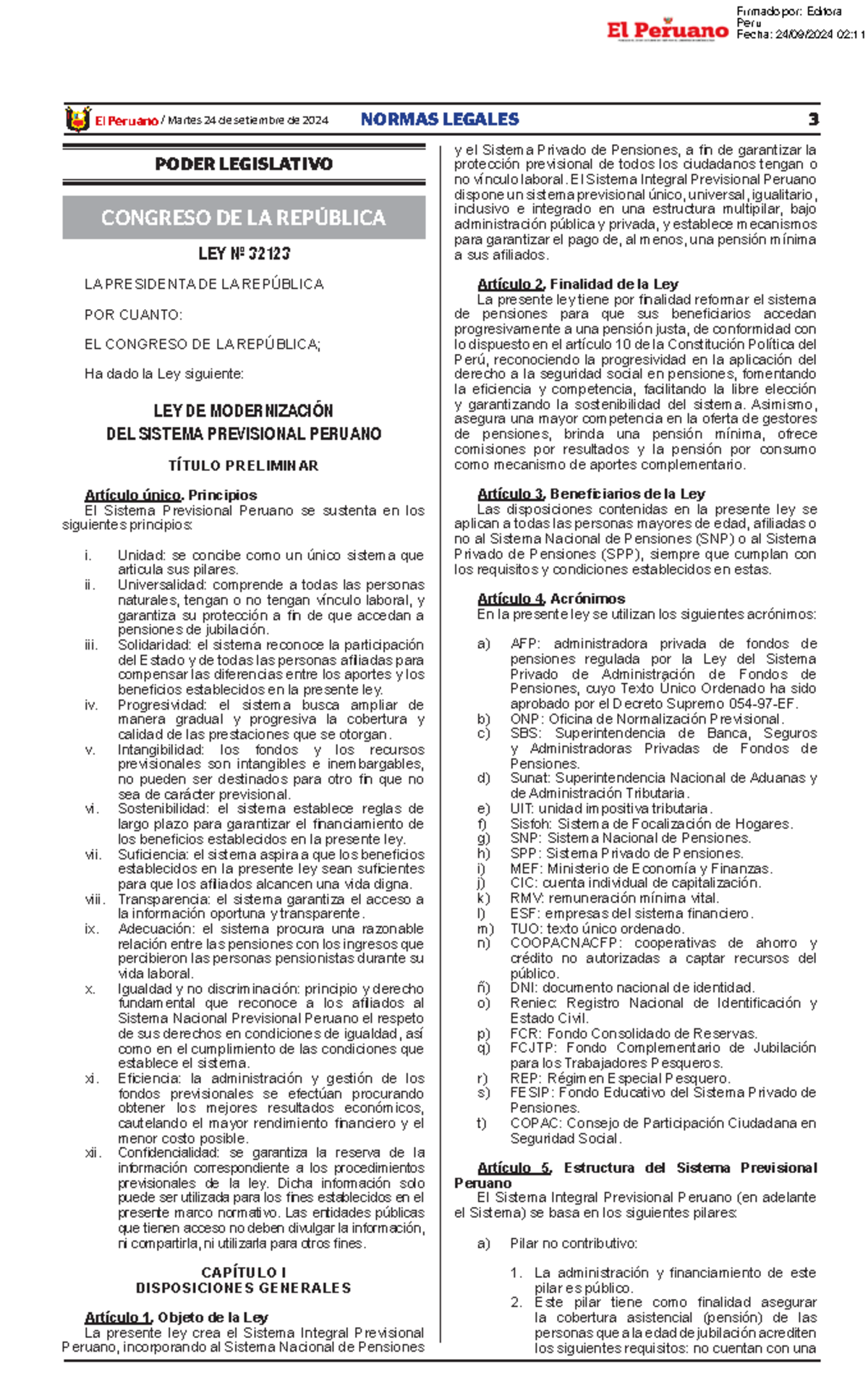 LEY DE Modernizacion DEL Sistema Previsional LEY 32123 - El Peruano ...