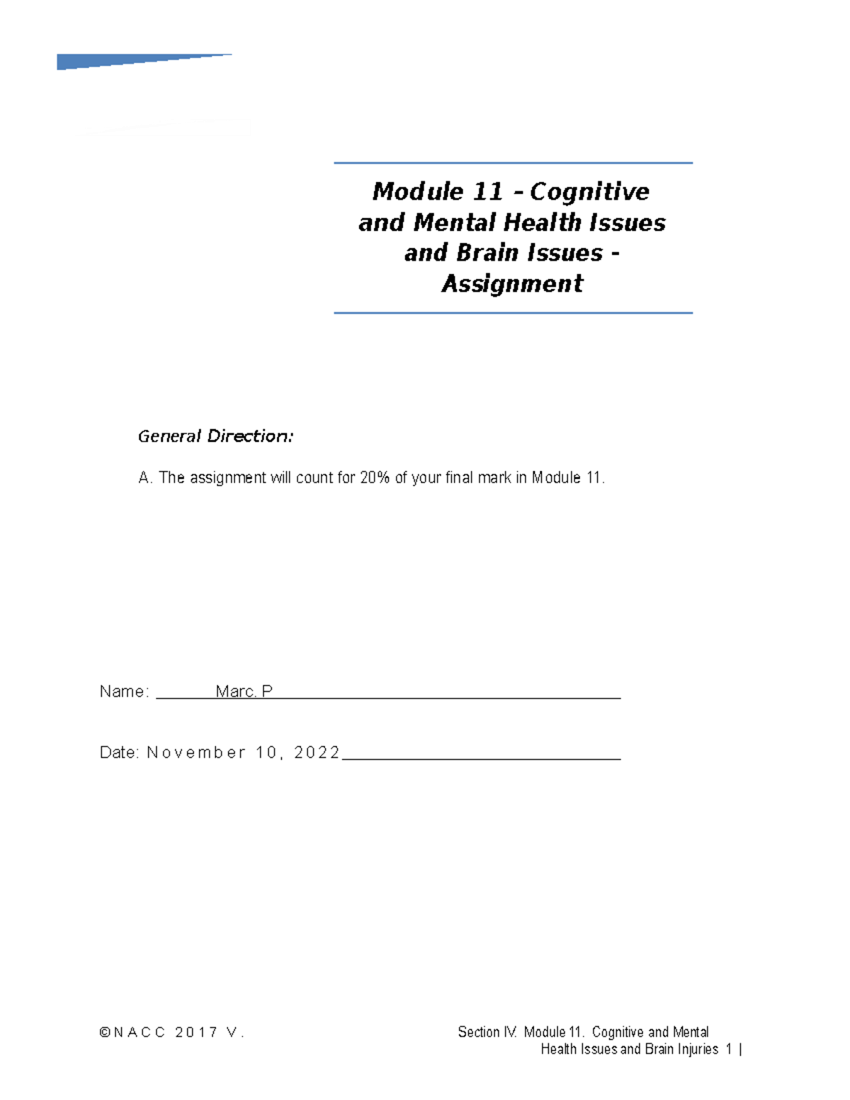 IV-12.1 Assignt - Module 11 Cognitive Impairment-I - © N A C C 2 0 1 7 ...