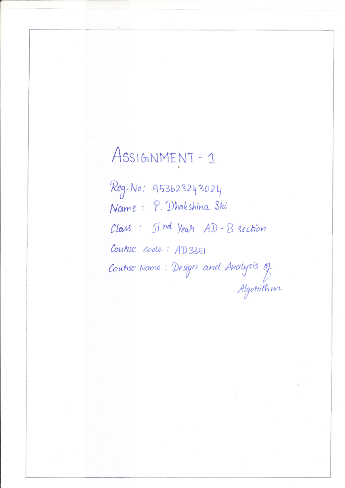 Daa-Assignment 1-3024 - ASsICTNI,IENT - t PE l,/o; q*b232\zo2\ U Name ' ?,DhrLsh;naSw Cl"drt ...