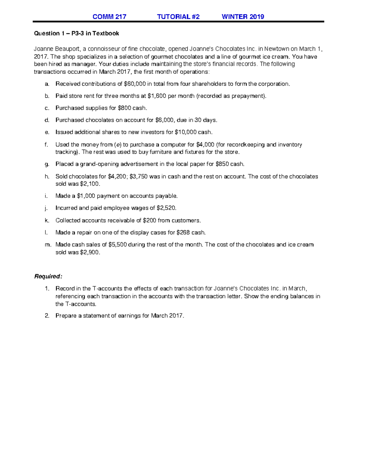 2019 F COMM217 Tutorial 02 - COMM 217 TUTORIAL #2 WINTER 2019 Question ...