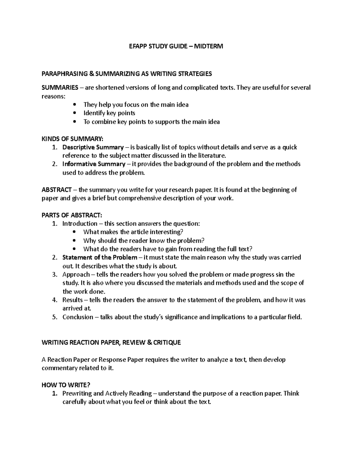 Efapp Study Guide Midterm - EFAPP STUDY GUIDE – MIDTERM PARAPHRASING ...