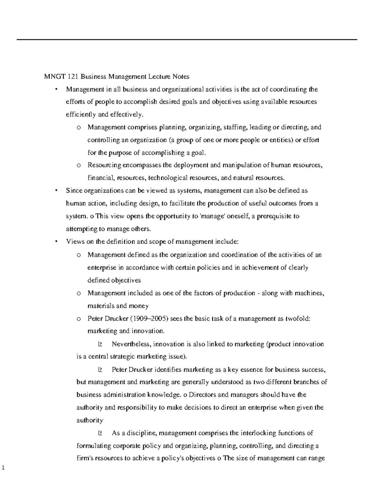 MNGT 121 Business Management Lecture Notes - o Management comprises ...