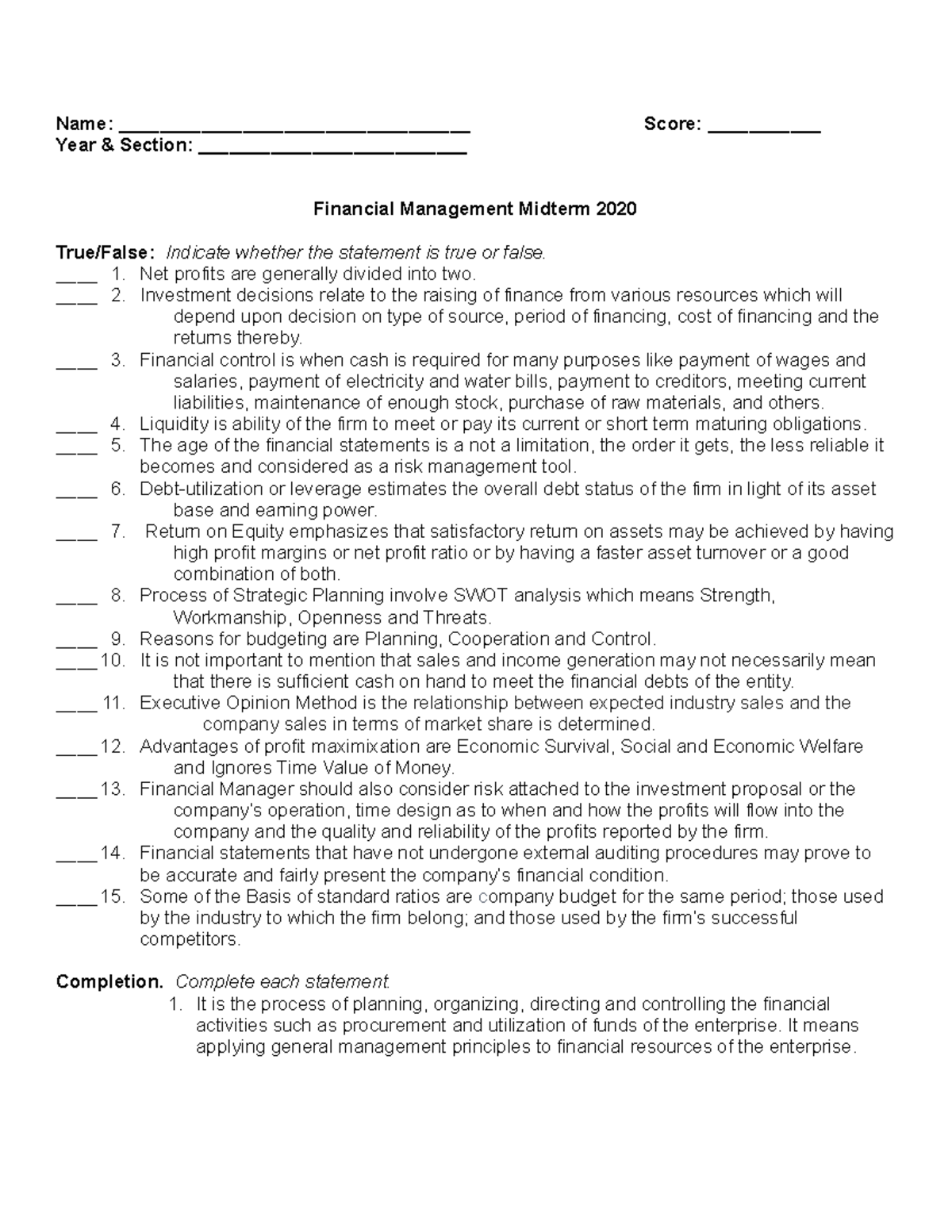 Fin Man Midterm - Exercises - Name ...