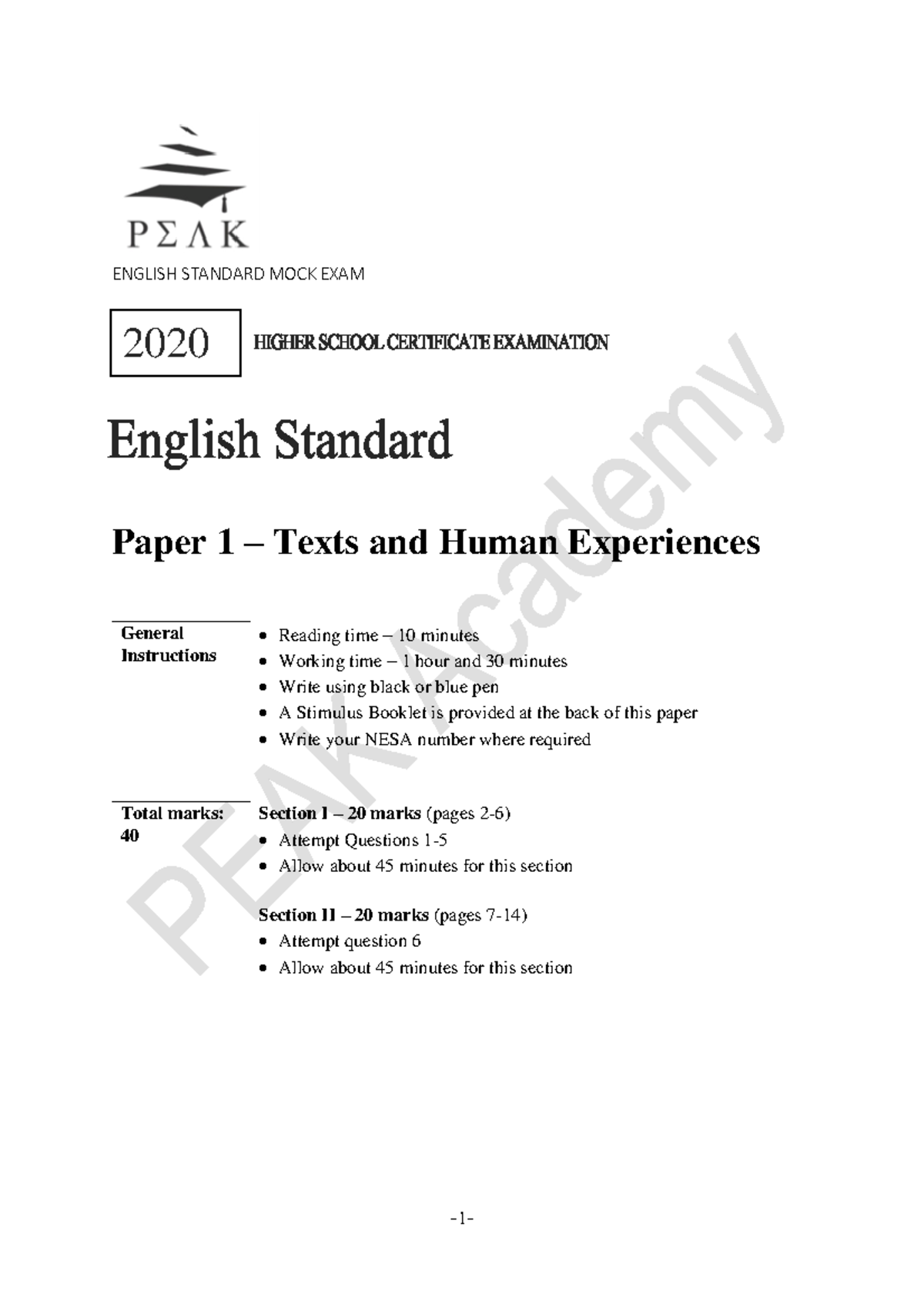 PEAK Standard-English-Paper-1 Mock-HSC-Exam-2020 - ENGLISH STANDARD ...