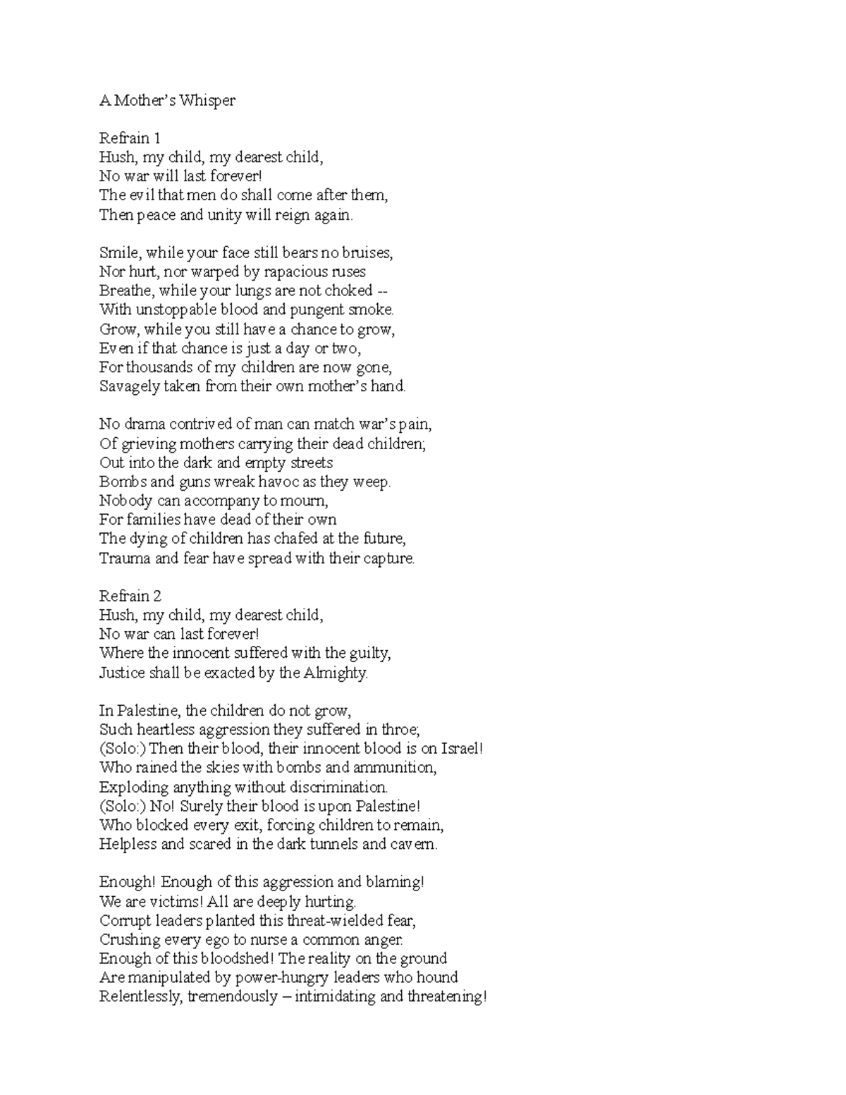 A-Mothers-Whisper - POEM - A Mother’s Whisper Refrain 1 Hush, my child ...