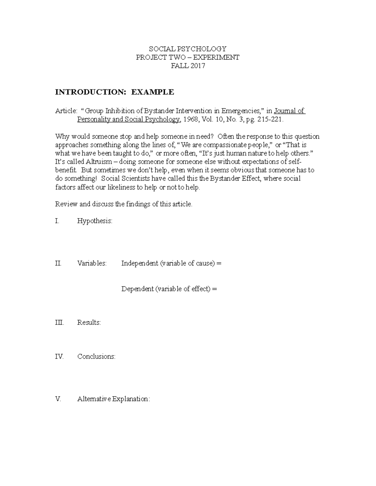 Experiment Example - lab - SOCIAL PSYCHOLOGY PROJECT TWO – EXPERIMENT ...