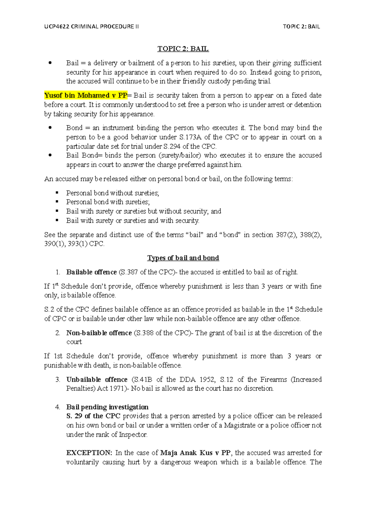 Topic 2 - Bail - TOPIC 2: BAIL Bail = a delivery or bailment of a ...