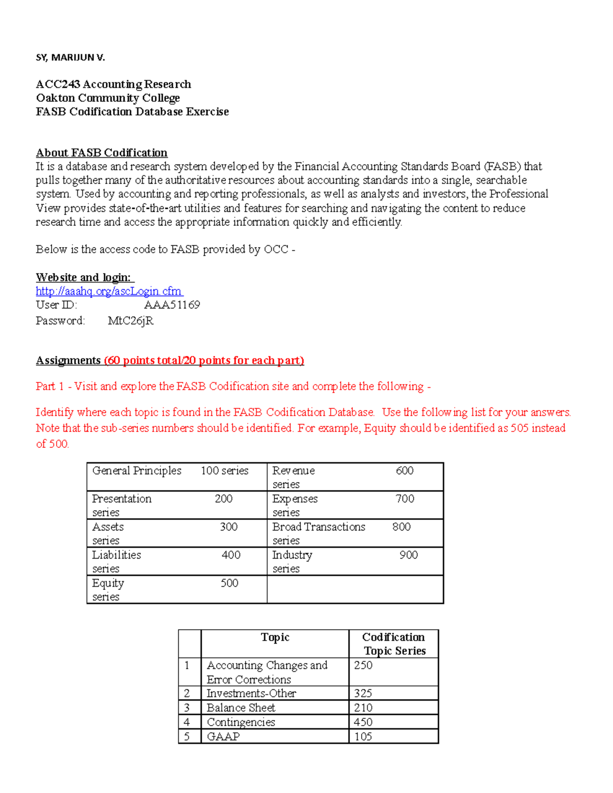 FASB Codification Database Exercise - SY, MARIJUN V. ACC243 Accounting ...