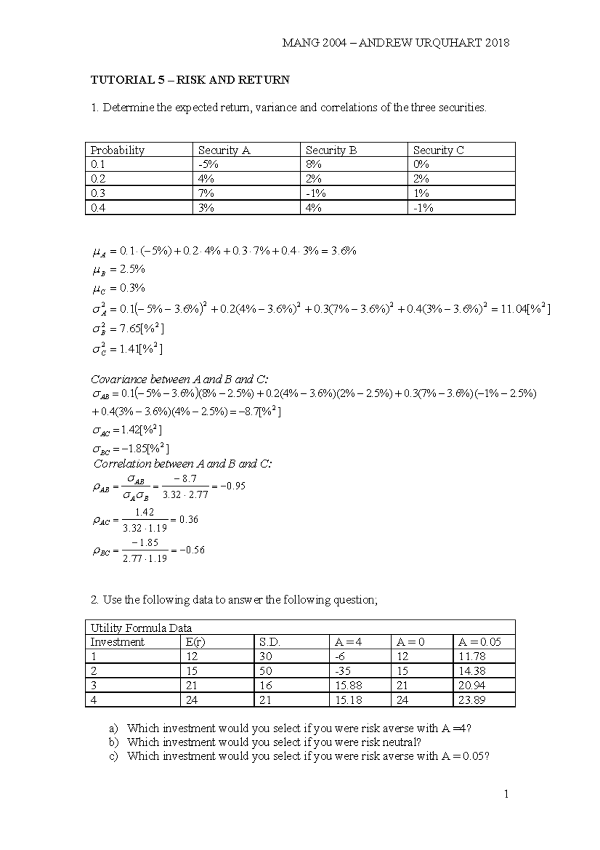 Tutorial 6 risk return answers - TUTORIAL 5 – RISK AND RETURN Determine ...