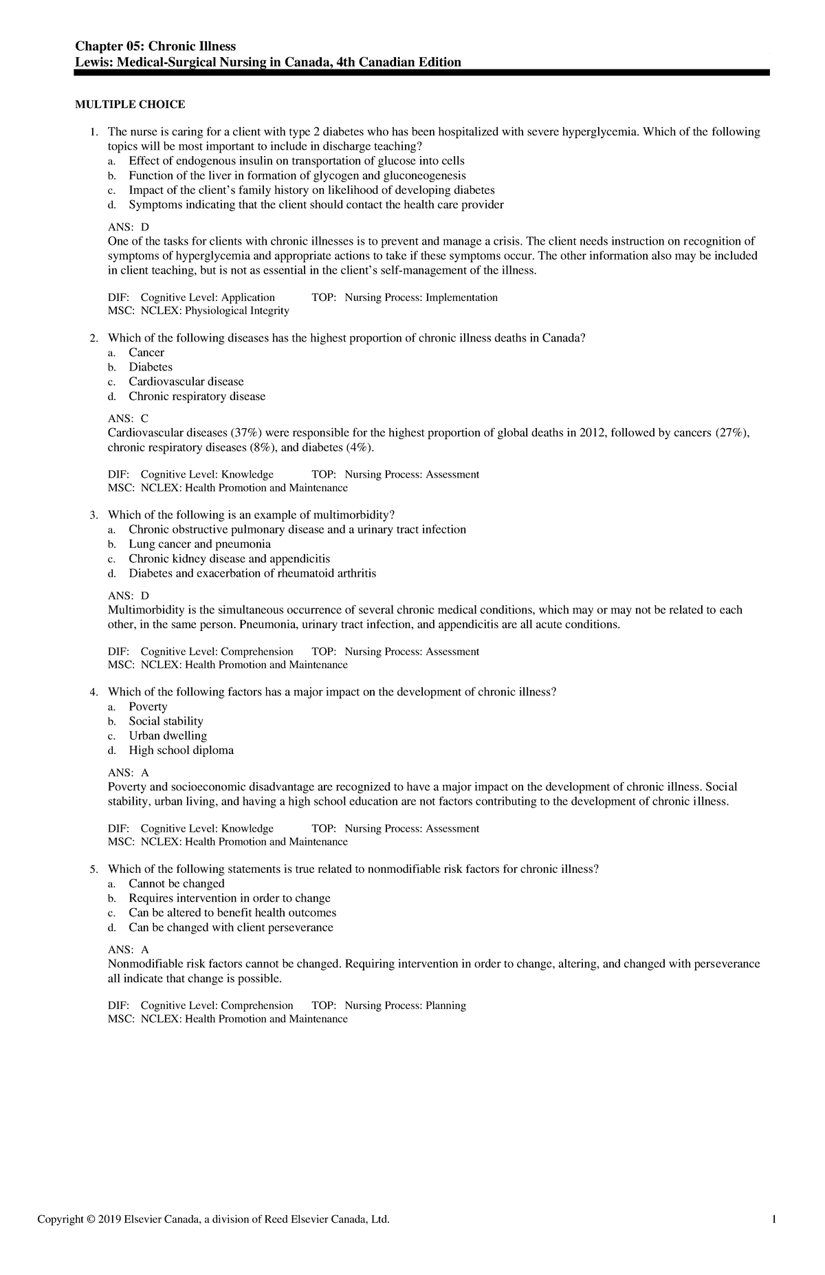 Exam View - Chapter 05 - exam quiz - Chapter 05: Chronic Illness Lewis ...