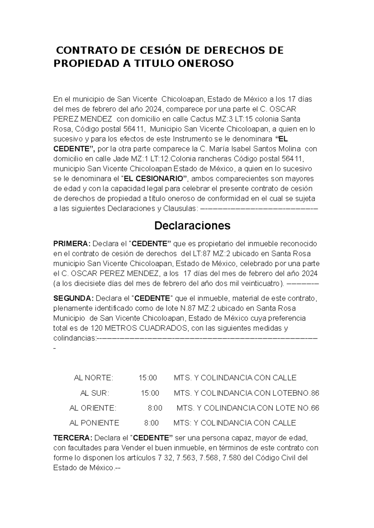 Documento - Contrato a título gratuito y oneroso - CONTRATO DE CESIÓN ...