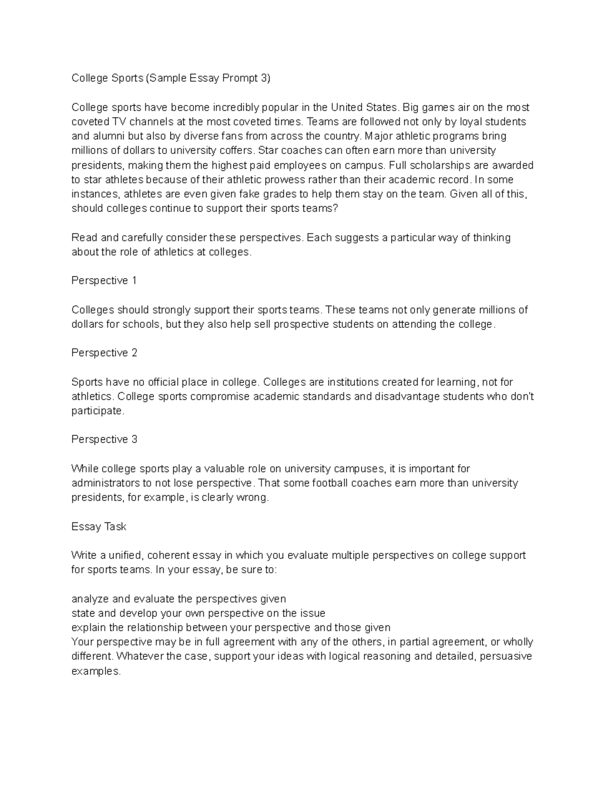 ACT Writing Prompt - Plans - College Sports (Sample Essay Prompt 3 ...