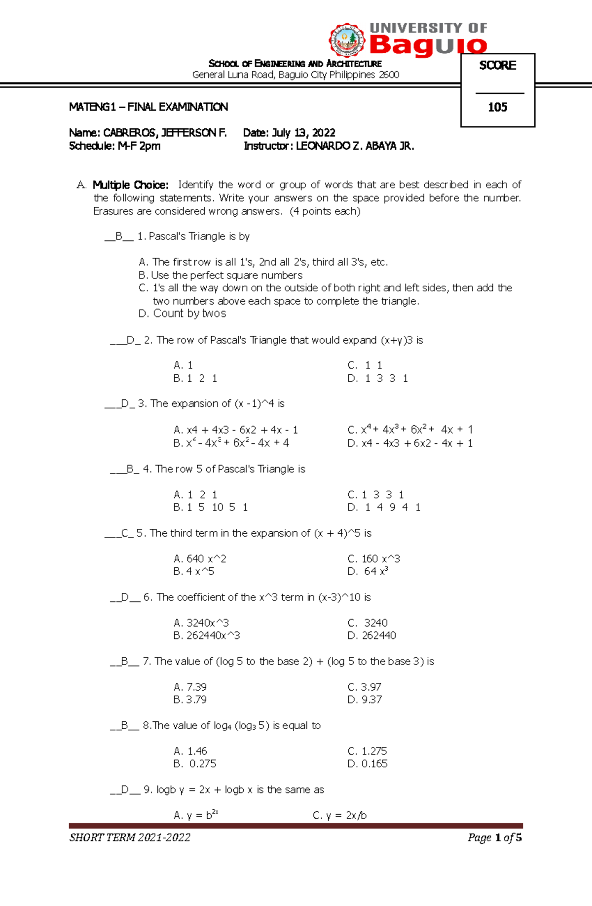 Mateng 1summer Final grading exam 2021-22 - SCORE MATENG 1 – FINAL ...