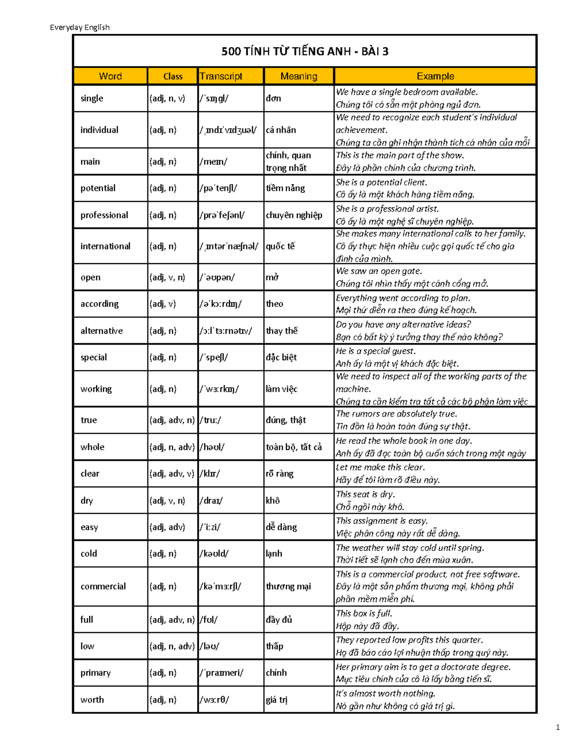 Bai 3 - 500 Tinh từ tiếng anh - Word Class Transcript Meaning Example ...