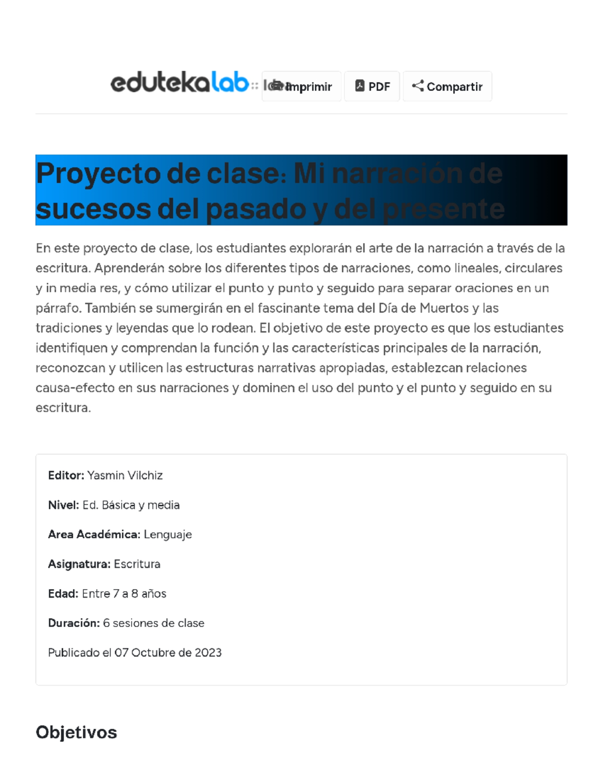 Proyecto De Clase Mi Narración De Sucesos Del Pasado Y Del Presente - edutekalab :: Imprimir PDF ...