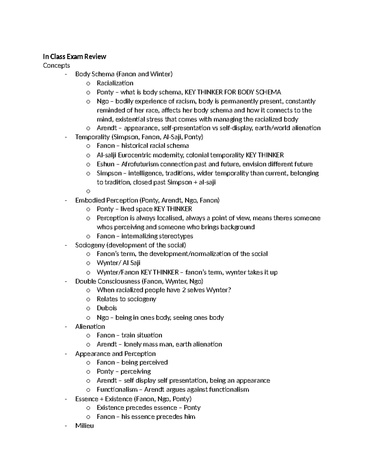 3555 Notes - In Class Exam Review Concepts - Body Schema (Fanon and ...