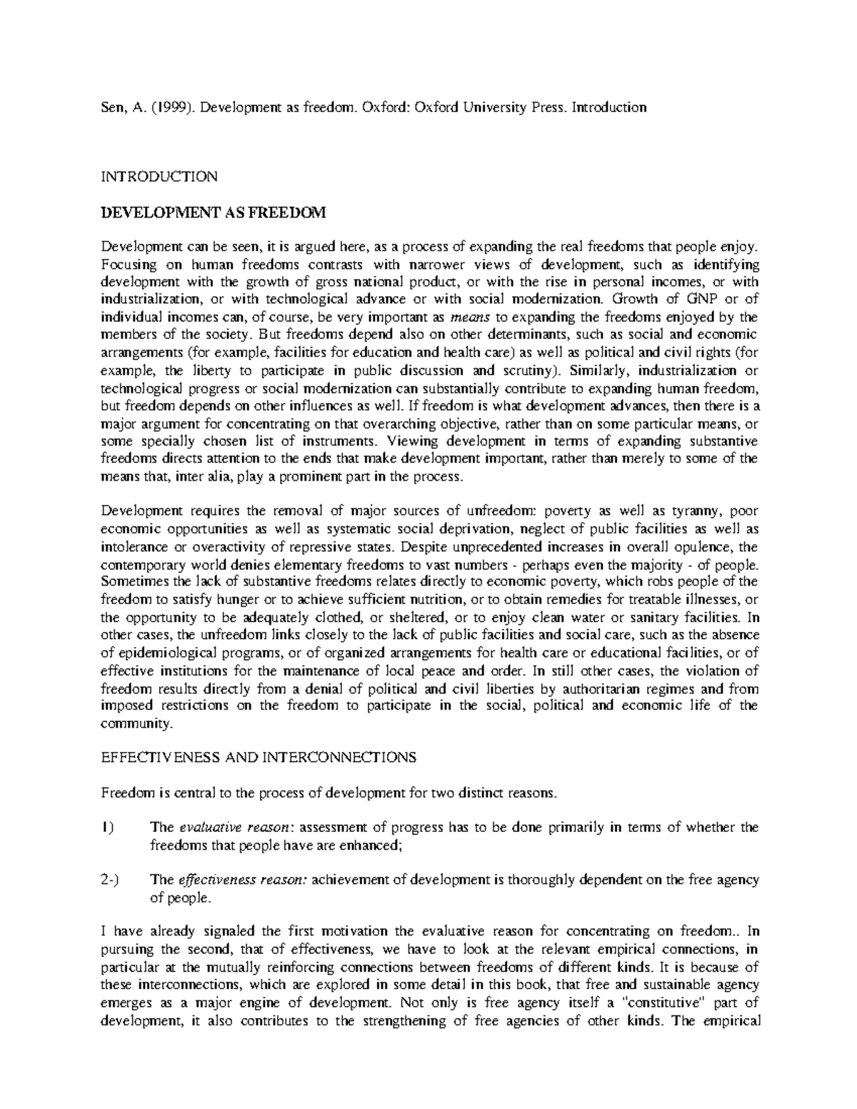Amartya Sen - Development as Freedom - Sen, A. (1999). Development as ...