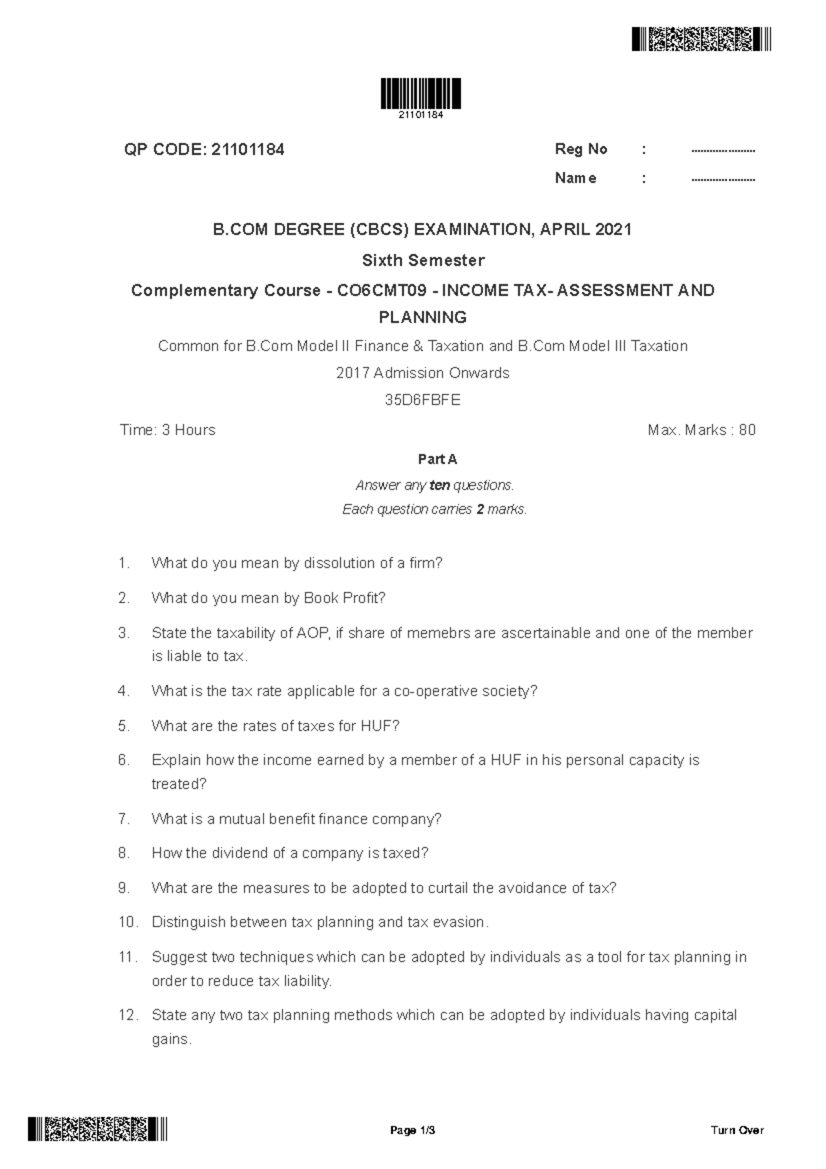 Income Tax-Assessment & Planning - QP CODE: 21101184 Reg No : ..................... Name : - Studocu