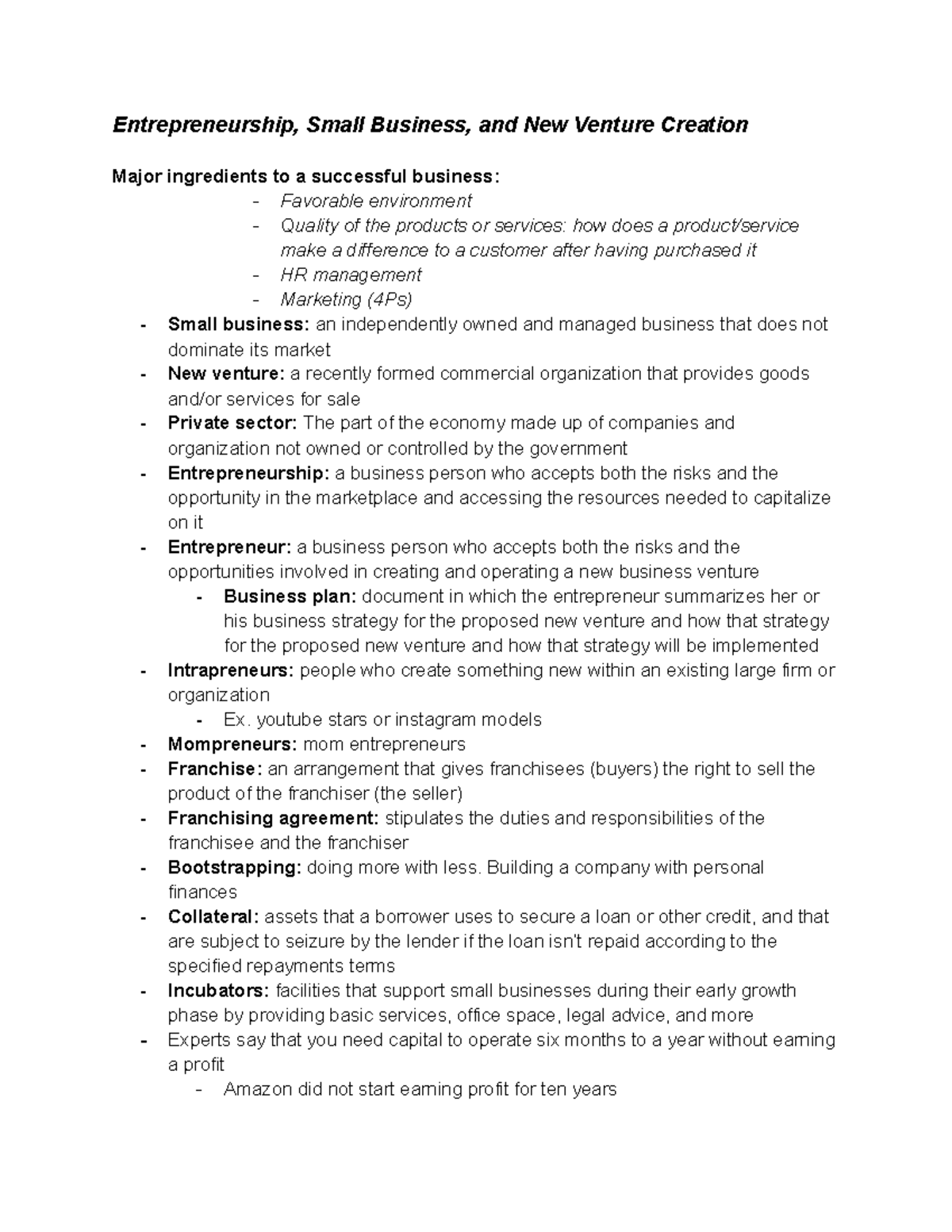 Chapter 4 - Entrepreneurship, Small Business, and New Venture Creation ...