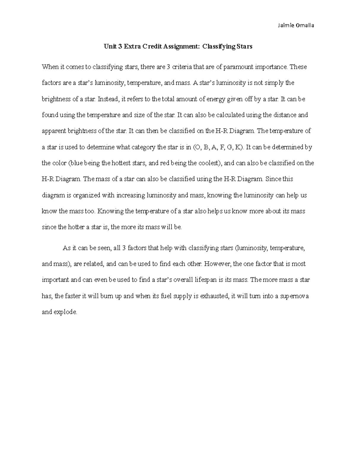 Unit 3 Extra Credit Assignment - Jaimie Omalla Unit 3 Extra Credit Assignment: Classifying Stars ...