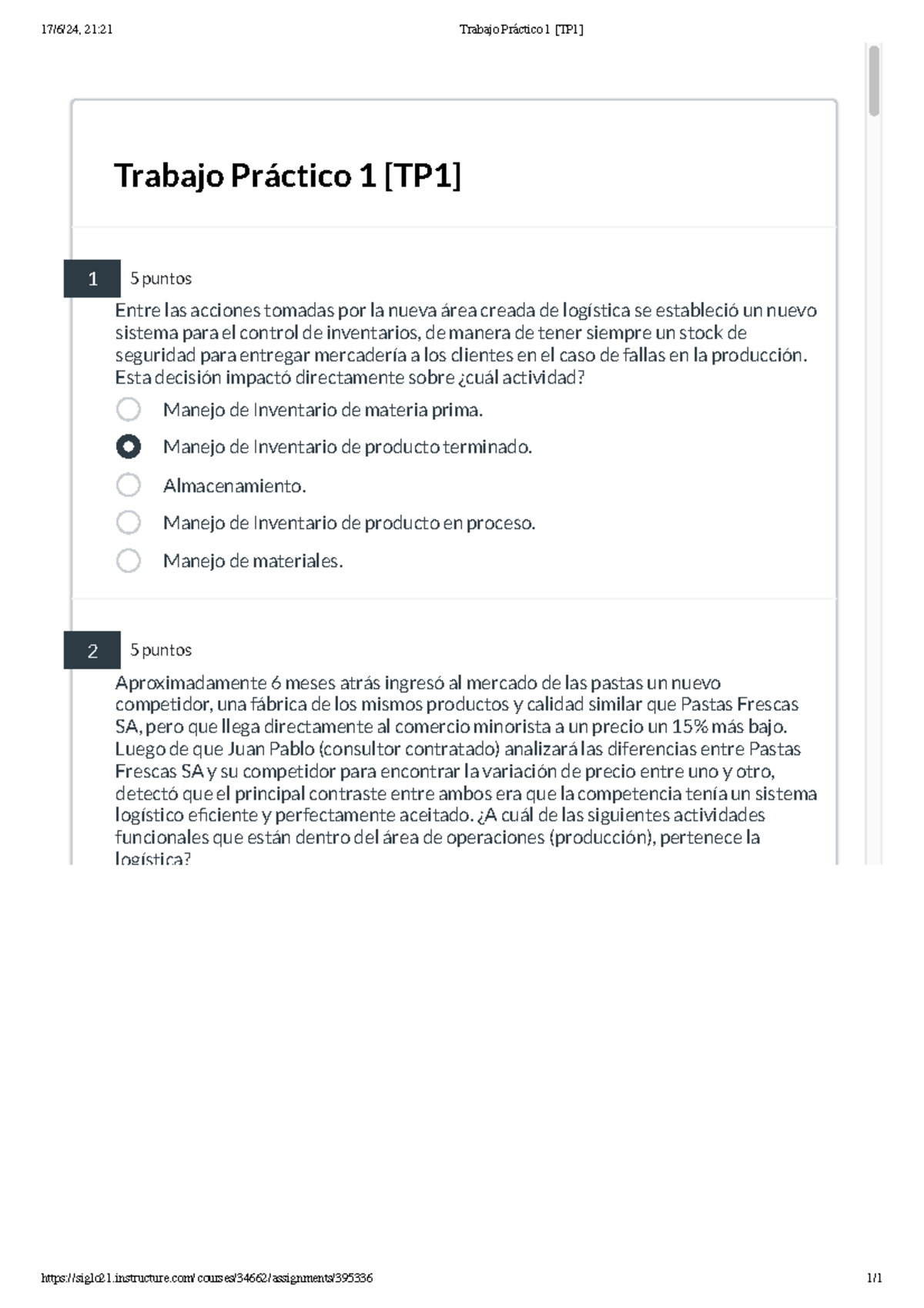 Trabajo Práctico 1 [TP1] Logistica - 17/6/24, 21:21 Trabajo Práctico 1 [TP1] - Studocu
