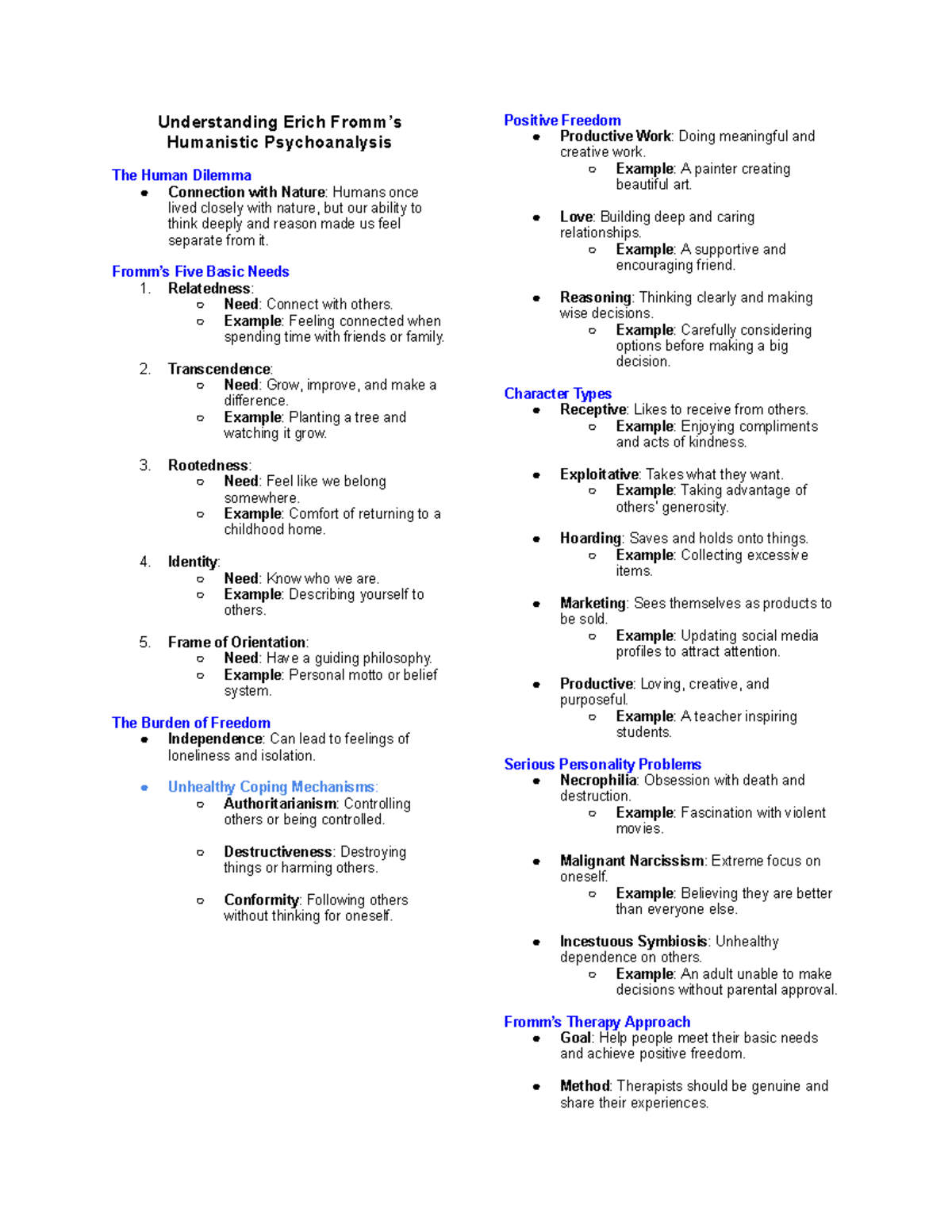 Handout Understanding Erich Fromm’s Humanistic Psychoanalysis Google ...