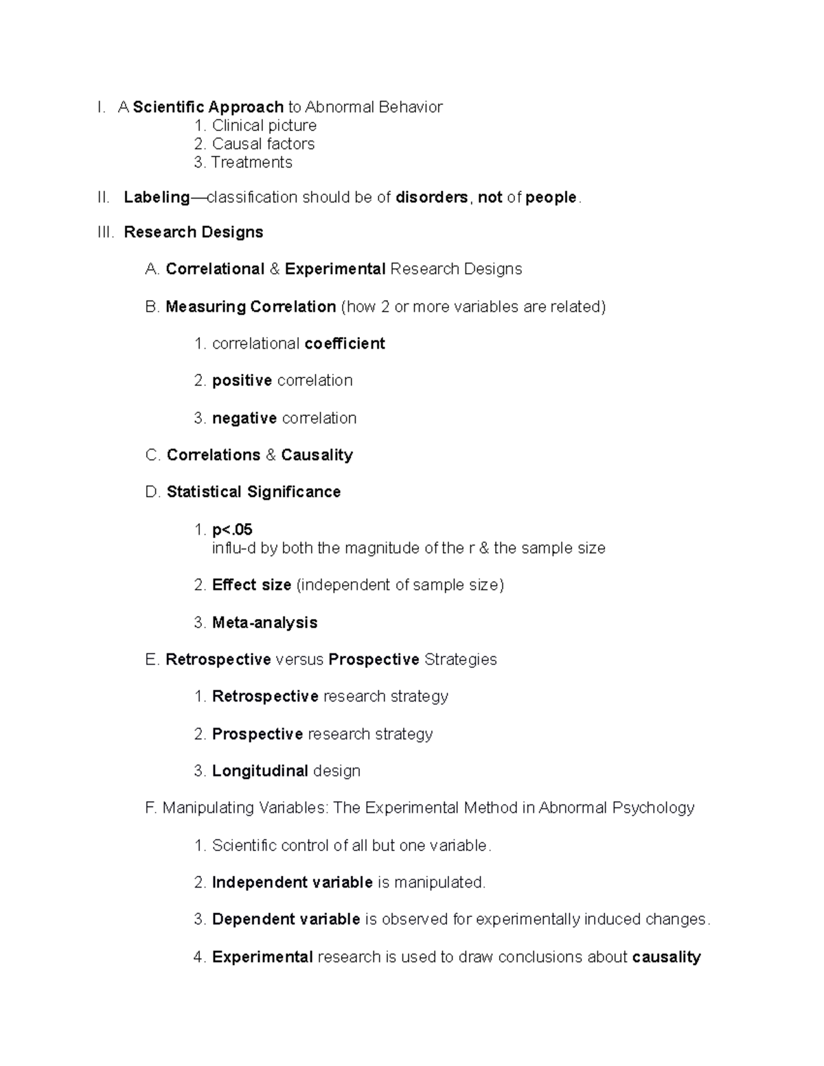 Ch 1 Outline Abnormal Psychology - I. A Scientific Approach to Abnormal ...