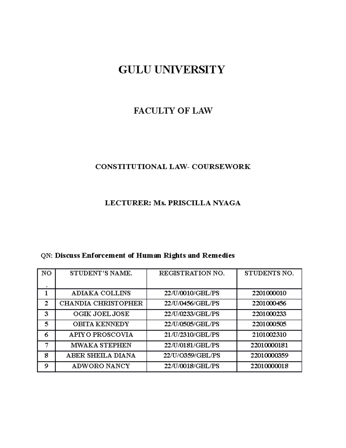 Course work- constitutional law - GULU UNIVERSITY FACULTY OF LAW ...