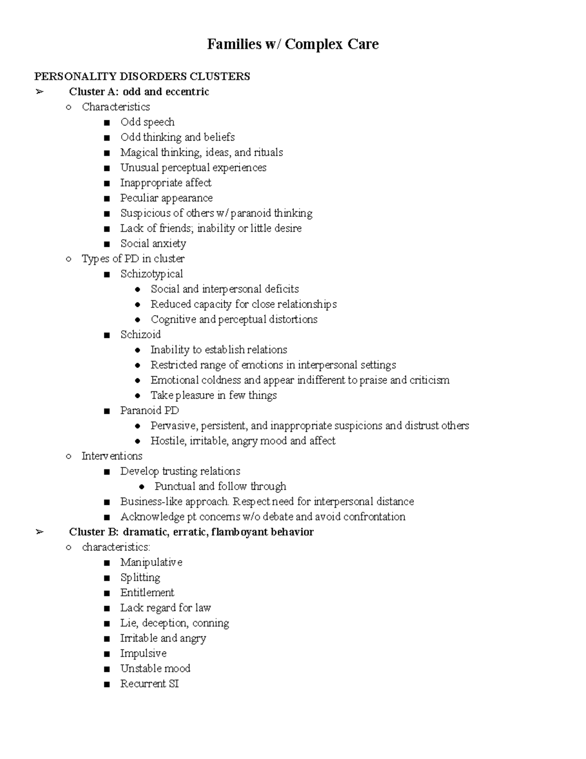 Personality Disorders Clusters - Families w/ Complex Care PERSONALITY ...