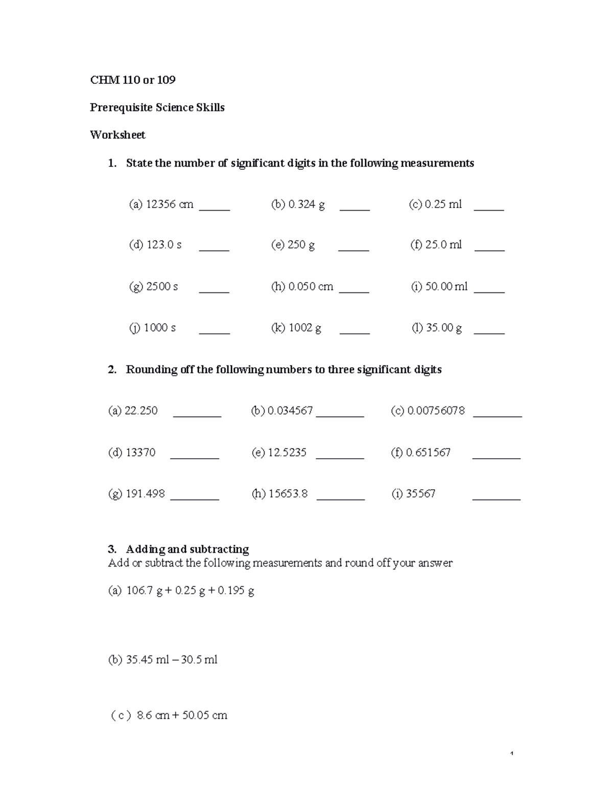 01 Prerequisite science skills - CHM 110 or 109 Prerequisite Science ...