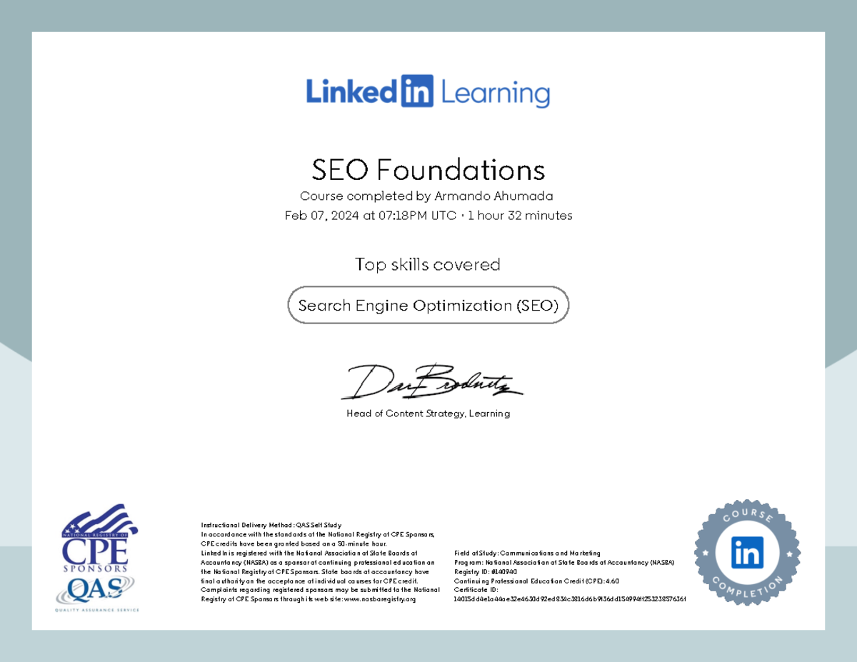 Certificate Of Completion SEO Foundations - SEO Foundations Course completed by Armando Ahumada ...